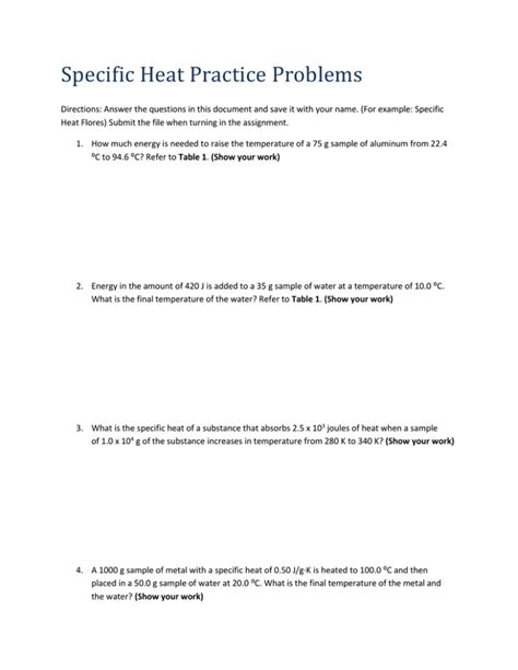 Specific Heat Practice Problems Worksheet