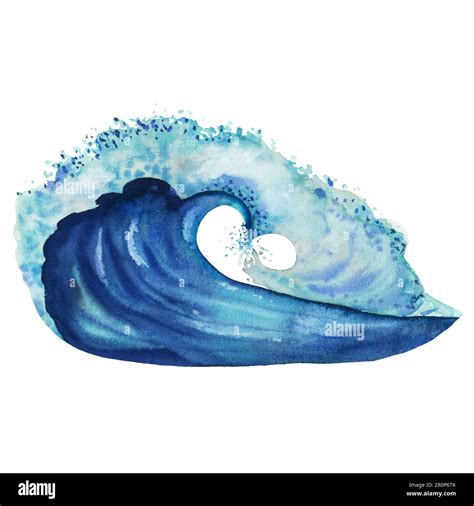Watercolour Wave Blue Color With Foam Hand Drawn Isolated On White