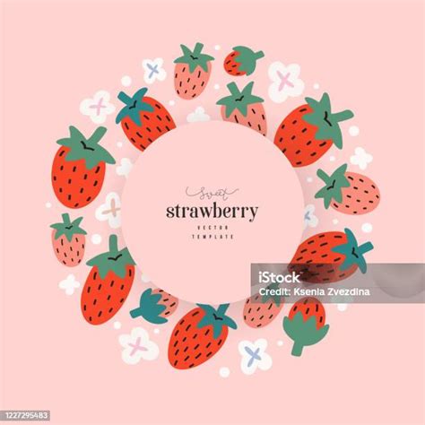 회사 로고 신선한 여름 빨간 열매 원형 배열 둥근 구성 차 또는 디저트에 좋은 현대 손으로 그린 그림과 포장 디자인을위한 딸기 템플릿 0명에 대한 스톡 벡터 아트 및 기타