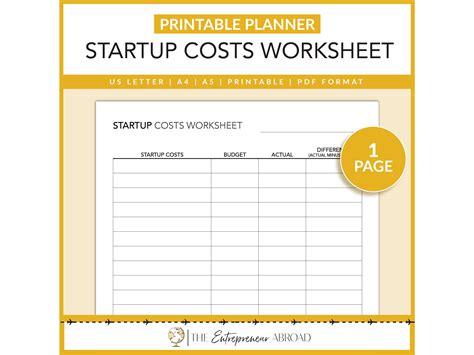 Startup Costs Worksheet Printable Plan Your Business The Startup