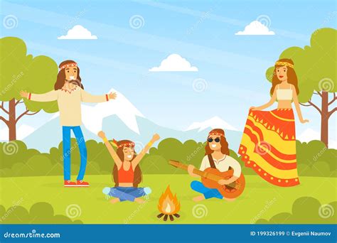 Hippie Characters Sitting In Meditation Pose At Peace Symbol Happy