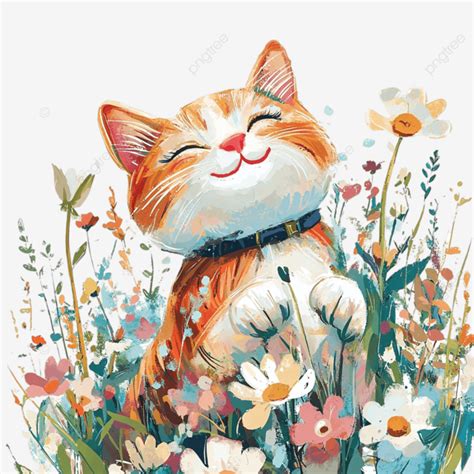 꽃 사이에서 장난스럽고 행복한 고양이 고양이 화려한 꽃들 Png 일러스트 및 이미지 에 대한 무료 다운로드 Pngtree