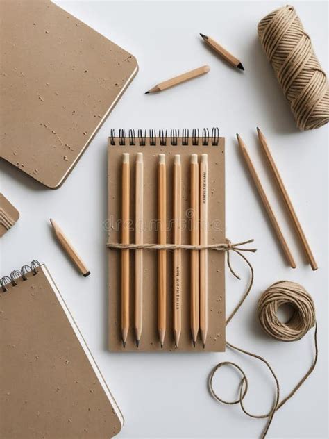 Organic Stationery Flat Lay Featuring Kraft Paper Notebooks And Wooden Pencils Stock