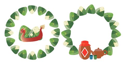 Zongzi 쌀 드래곤 보트 Realgar 와인 찻 주전자 컵과 드래곤 보트 축제를위한 장식 프레임 컬렉션 중국 Duanwu 축제에 대한 벡터 일러스트 레이 션 0명에 대한