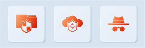 Set Cloud And Shield Document Folder Protection And Incognito Mode White Square Button Stock