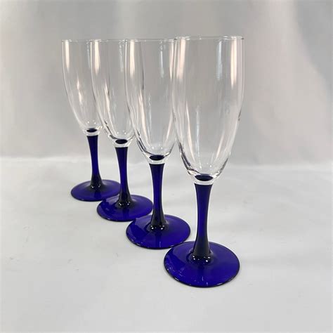 4 Vintage Cobalt Blue Stem Champagnewine Glasses Holds 6 Oz