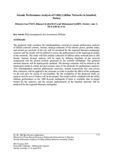 pdf seismic performance analysis of utility lifeline networks in istanbul