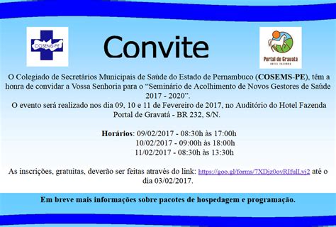 Cosems Pe Inscrição Do Seminário De Acolhimento De Novos Gestores De