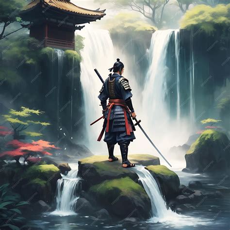 Premium Ai Image Photo Samurai Standing In Waterfall Garden With