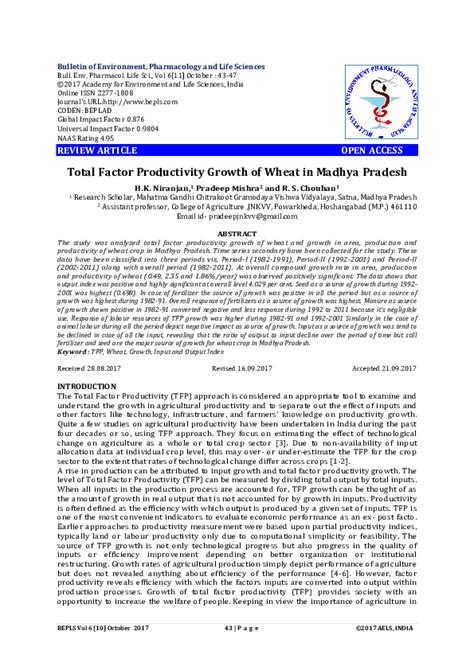 pdf total factor productivity growth of wheat in madhya pradesh