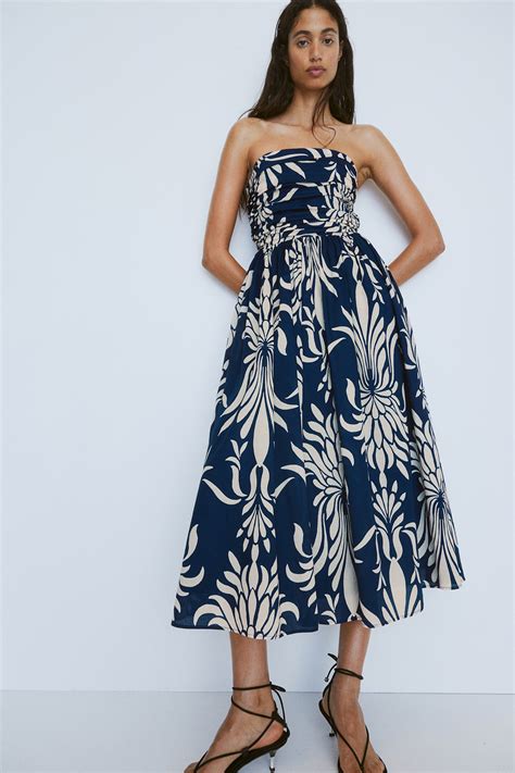 Pleated Bandeau Dress Dark Bluepatterned Ladies Handm Gb