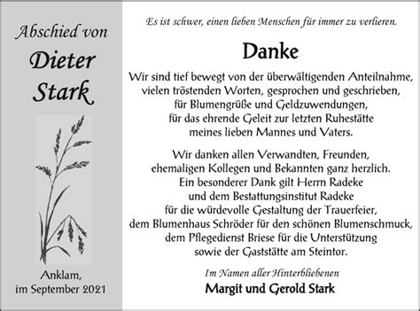 Traueranzeigen Von Dieter Stark Trauer Nordkurier