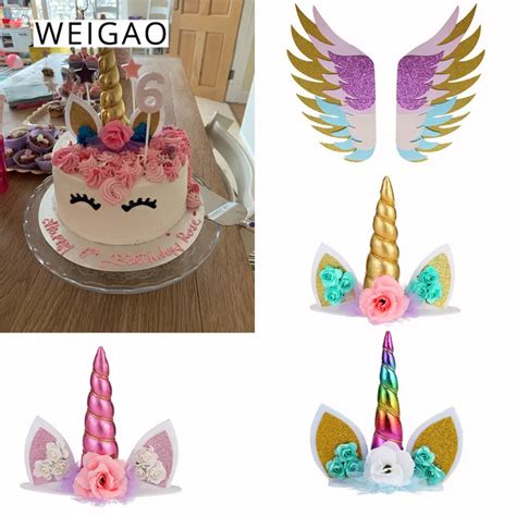 Weigao 유니콘 경적 케이크 토퍼 생일 파티 장식 어린이 케이크 토퍼 유니콘 파티 장식 베이비 샤워 용품케이크 데코