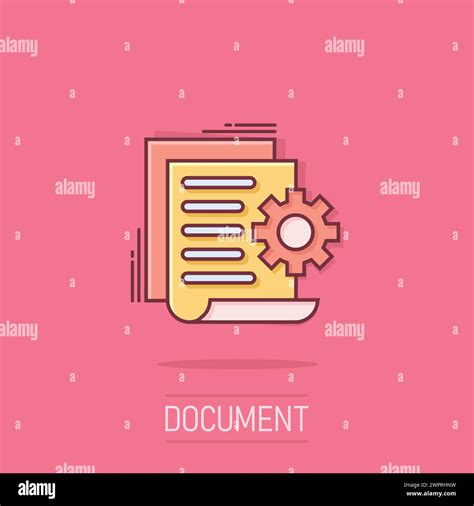 Document With Gear Icon In Comic Style Big Data Processing Cartoon
