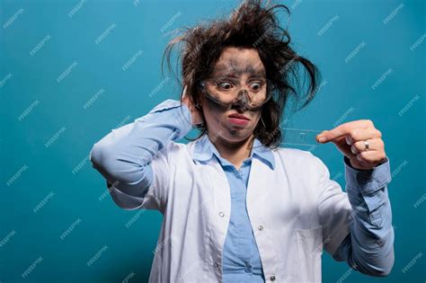 지저분한 머리와 더러운 얼굴을 가진 미친 과학자는 파란색 배경의 현미경 슬라이드 트레이에서 혼란스러워 보입니다 화학 폭발 후