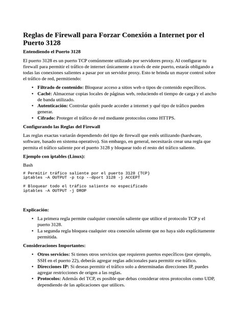 Reglas De Firewall Para Forzar Conexión A Internet Por Elpuerto 3128