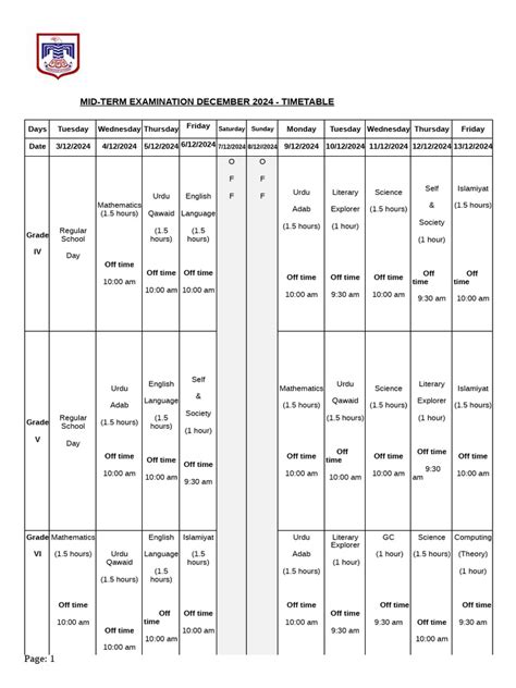 Mid Term Examination December 2024 Time Table Pdf