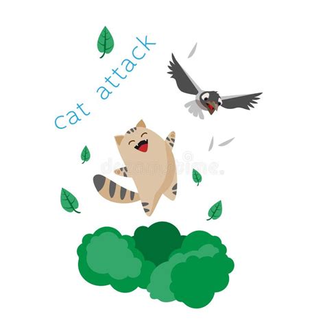 Funny Cartoon Smiling Cat And Black Bird On White Background Vector