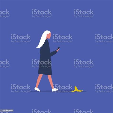 스마트 폰에 중독 된 밀레니엄 여성 캐릭터 현대적인 라이프 스타일 노모공포증 바나나 껍질 플랫 편집 가능한 벡터 일러스트레이션