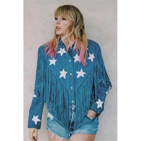 Taylor Swift Singer Casual Blue Denim Fringe Cropped Jacket