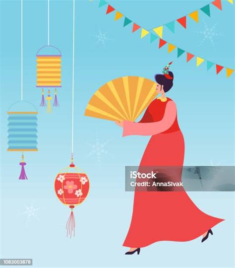음력 새 해를 축 하 하는 중국 여자 사자 용 댄스 퍼레이드 나 카니발에 중국 전통 의상을 입고 여자 캐릭터 벡터 일러스트 레이