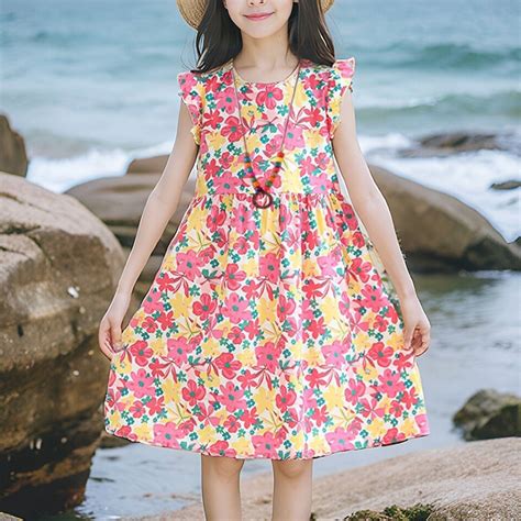 Haotags Dress For Girls Casual Floral Print Ruffle Sleeve Lightweight