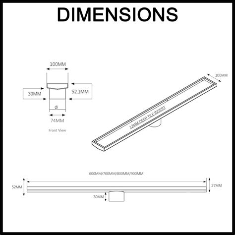 Tile Insert Linear Shower Grate 100mm Width Gun Metal Grey