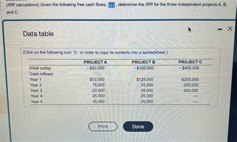 Solved Irr Calculations Given The Following Free Cash