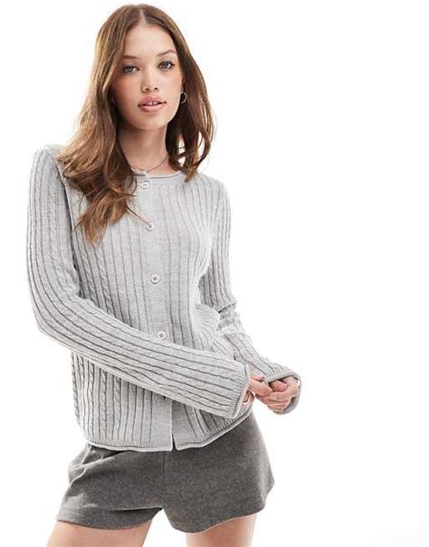 Asos Design Rib Cable Cardigan In Grey Asos