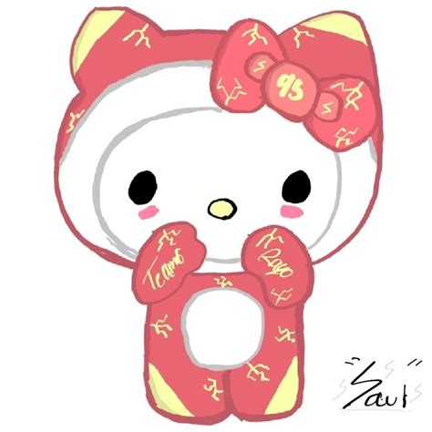 The Hello Kitty Is Wearing A Pink Hat And Mittens With Chinese Writing