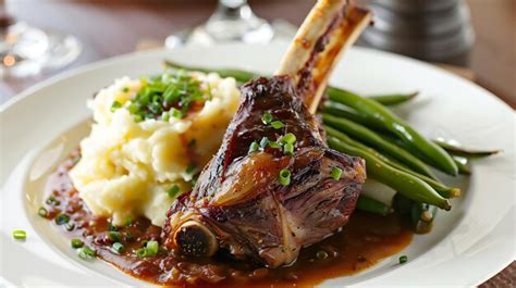 Tender Lamb Shank In Rich Red Wine Sauce With Mashed Potatoes And Green