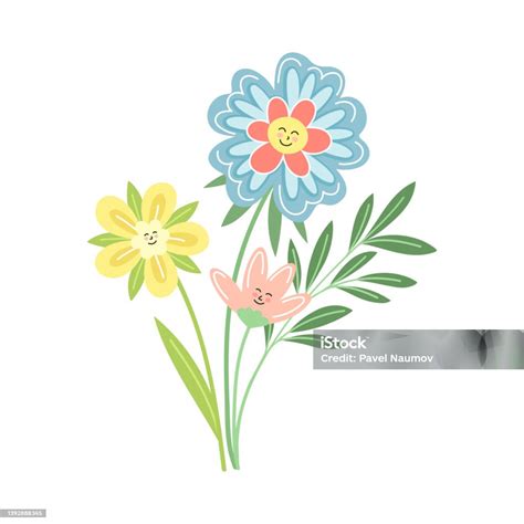 꽃잎과 녹색 잎 벡터 일러스트 레이 션으로 스토킹에 웃는 꽃 계절에 대한 스톡 벡터 아트 및 기타 이미지 계절 귀여운 꽃 식물 Istock
