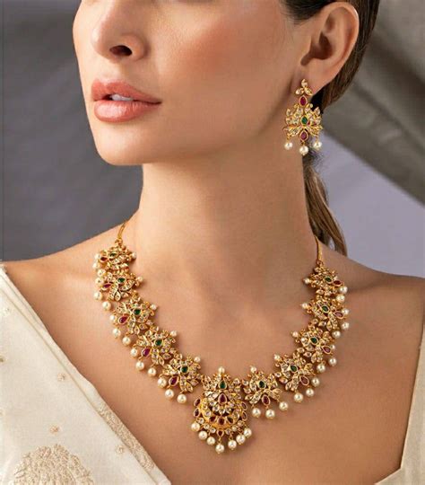 Antique Gold Plated Indian Jewelry Set Indian Choker Pearl Necklace