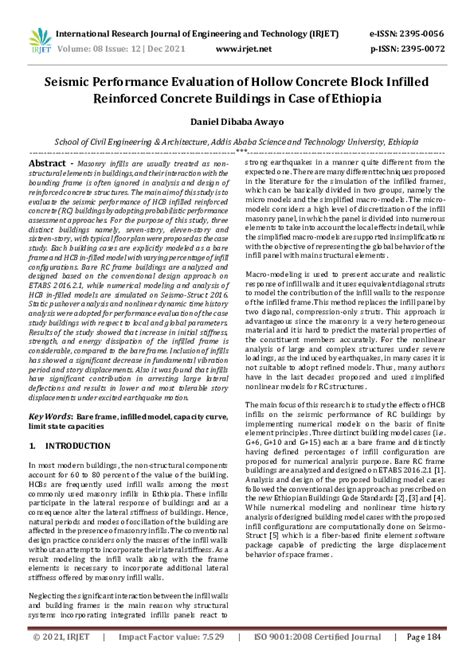 Pdf Irjet Seismic Performance Evaluation Of Hollow Concrete Block Infilled Reinforced