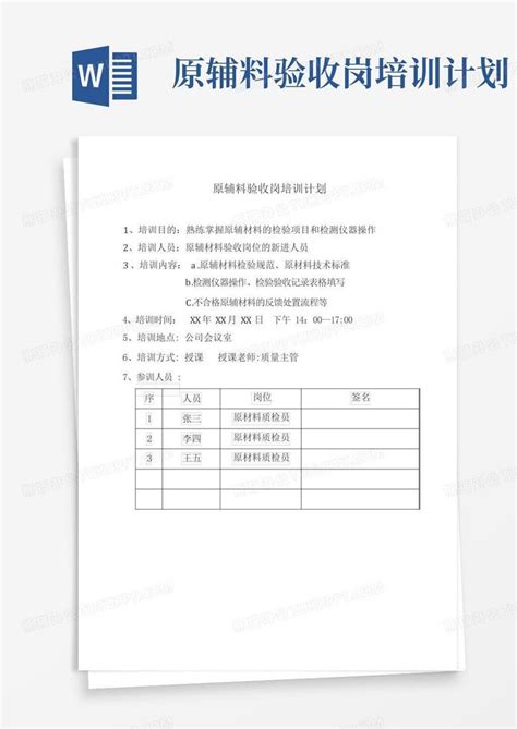 原辅料验收岗培训计划Word模板下载 编号laeaagjp 熊猫办公