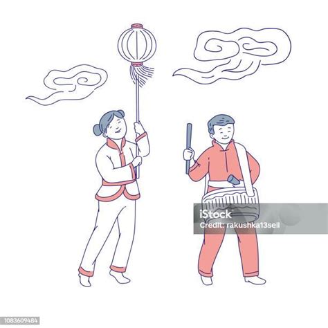 중국 카니발 극과 남자 드러 머에 플래쉬 등을 가진 전통 의상 소녀에서 새 해 사람들 벡터 라인 아트 홀리데이 국가 축 하