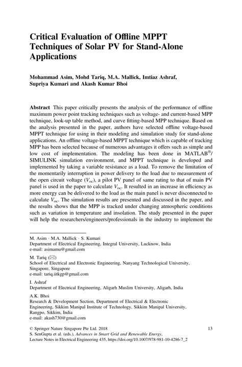 PDF Critical Evaluation Of Offline MPPT Techniques Of Solar PV For Stand Alone Applications