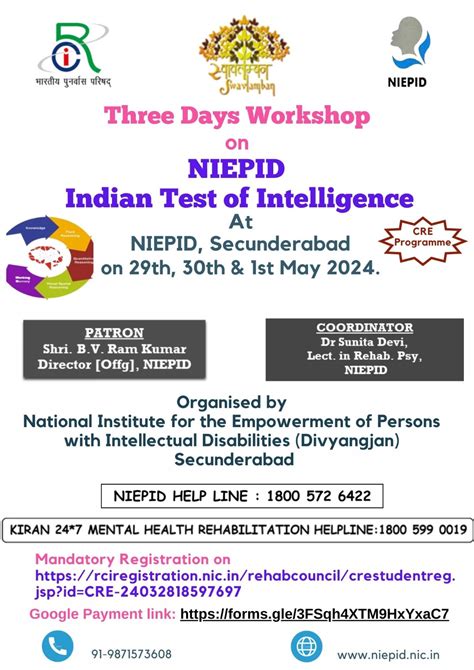 Three Days Workshop On Niepid Indian Test Of Intelligence At Niepid