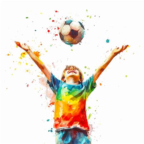 Pintura De Um Menino Brincando Com Uma Bola Vetor Premium