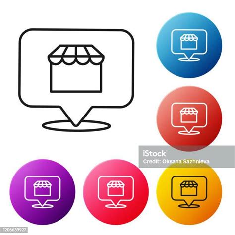 블랙 라인 온라인 쇼핑 개념 흰색 배경에 격리 된 화면 노트북 아이콘에서 구입하십시오 개념 전자 상거래 온라인 비즈니스 마케팅 아이콘 다채로운 원 버튼을 설정합니다 벡터
