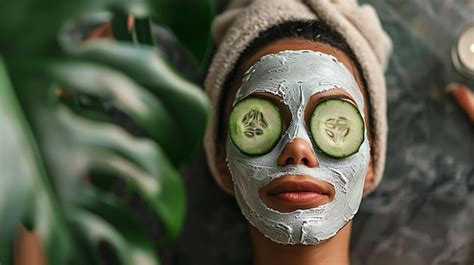 Closeup Of A Young Woman With A Facial Mask On Her Face And Cucumber