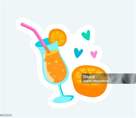 오렌지 칵테일과 신선한 과일 조각 여름 방학 만화 스티커 디자인의 벡터 그림 0명에 대한 스톡 벡터 아트 및 기타 이미지 0