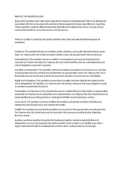 Risks At The Assertion Level In Financial Auditing Analysis Studocu