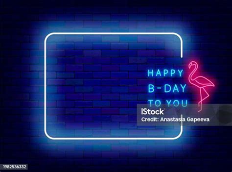 네온 인사말 카드에 생일 축하합니다 기념일 휴일 빈 흰색 프레임과 플라밍고 벡터 일러스트 레이 션 네온에 대한 스톡 벡터 아트