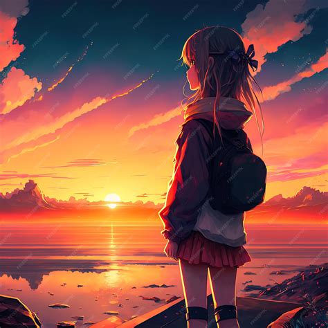 Premium Photo Anime Girl Watching The Sunset 3d Illustration