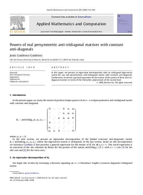 Pdf Powers Of Real Persymmetric Anti Tridiagonal Matrices With Constant Anti Diagonals