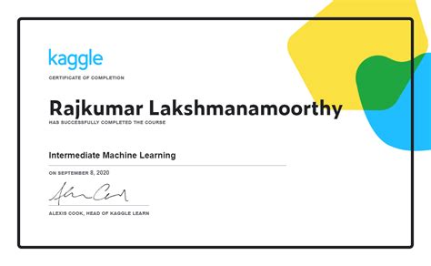 Rajkumar Lakshmanamoorthy Completed The Intermediate Machine Learning Course On Kaggle