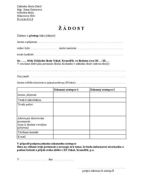 Zadost O Prestup Z Jine Skoly Pdf