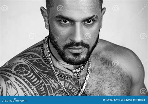 Abs Of Tattoo Man Male Fashion Muscular Macho Man With Athletic Body