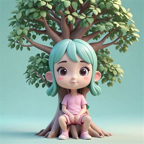 Cute Cartoon Girl Sitting On A Tree Trunk Stock Illustration